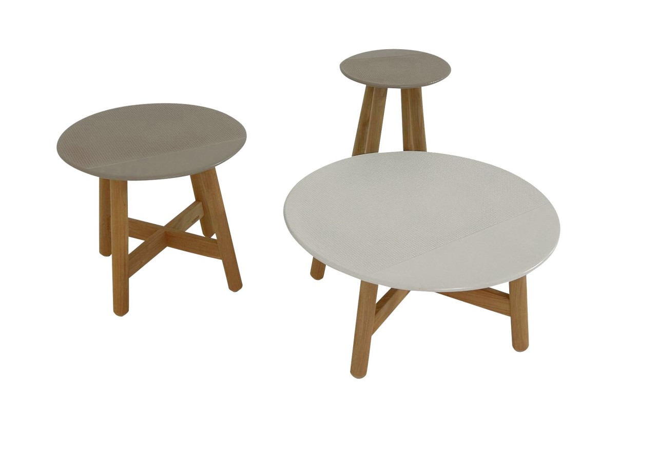 DEDON MBRACE COFFEE TABLE und SIDE TABLE SET in taupe und chalk